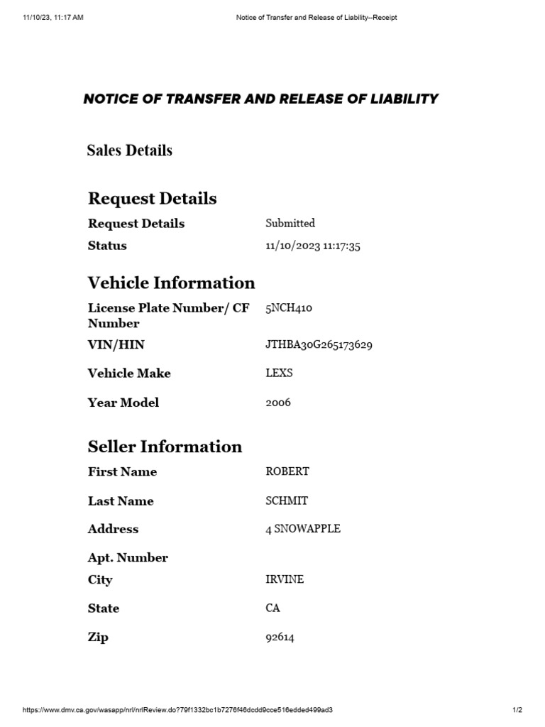 Notice of Transfer and Release of Liability - Receipt | PDF ...