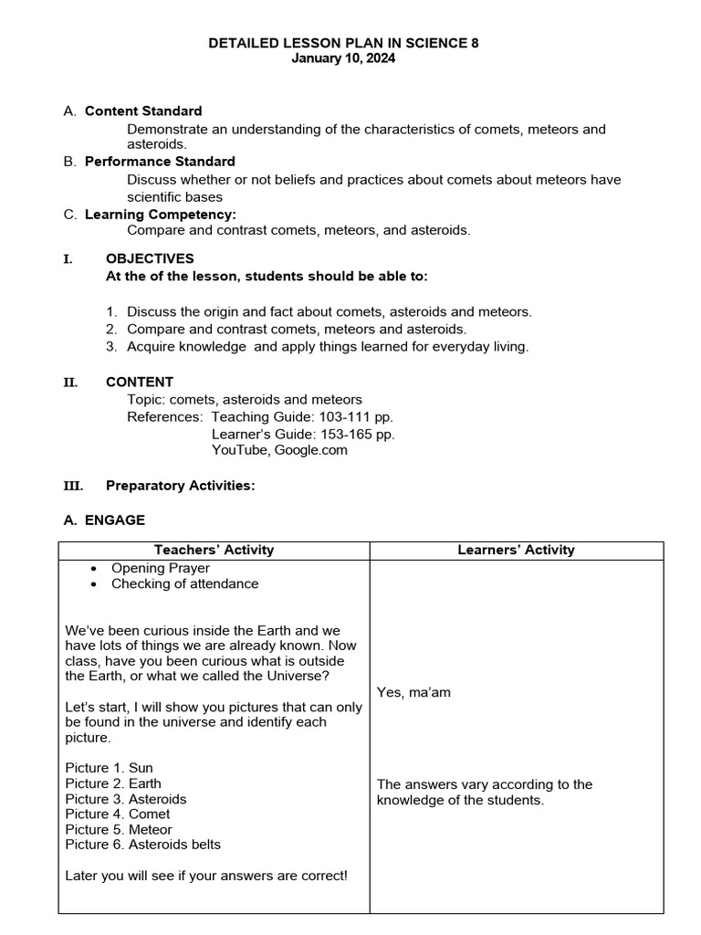 Detailed-Lesson-Plan-In-Science-Grade-8 For COT | PDF | Meteoroid | Comet