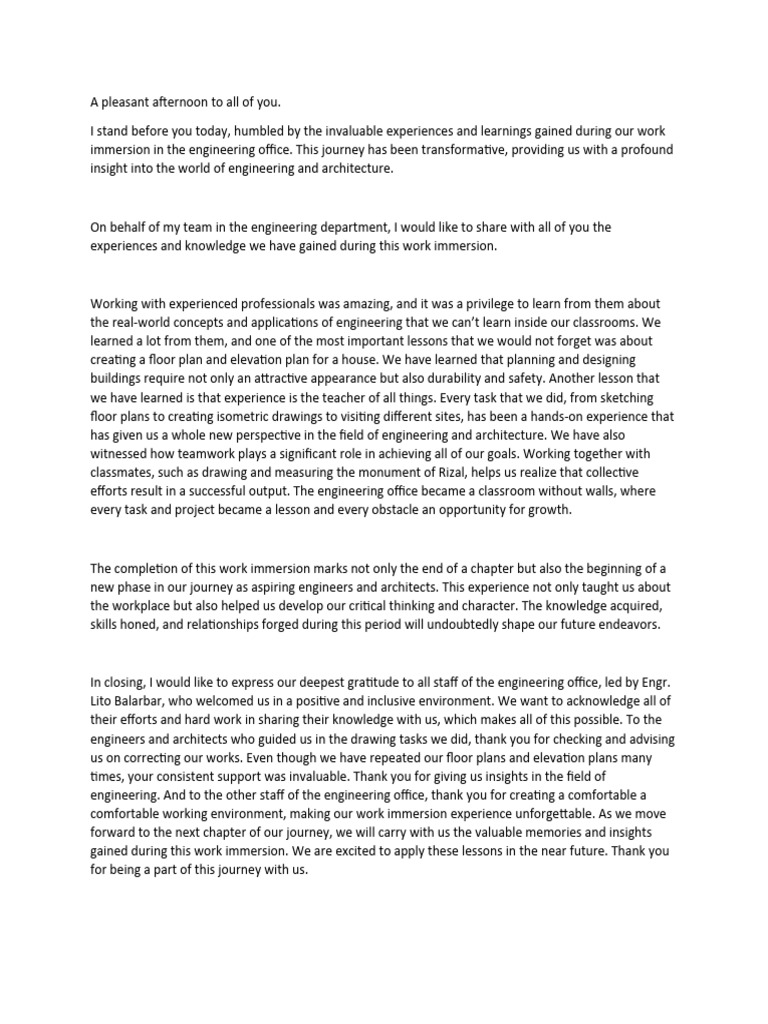 Work Immersion Speech | PDF | Experience | Cognitive Science