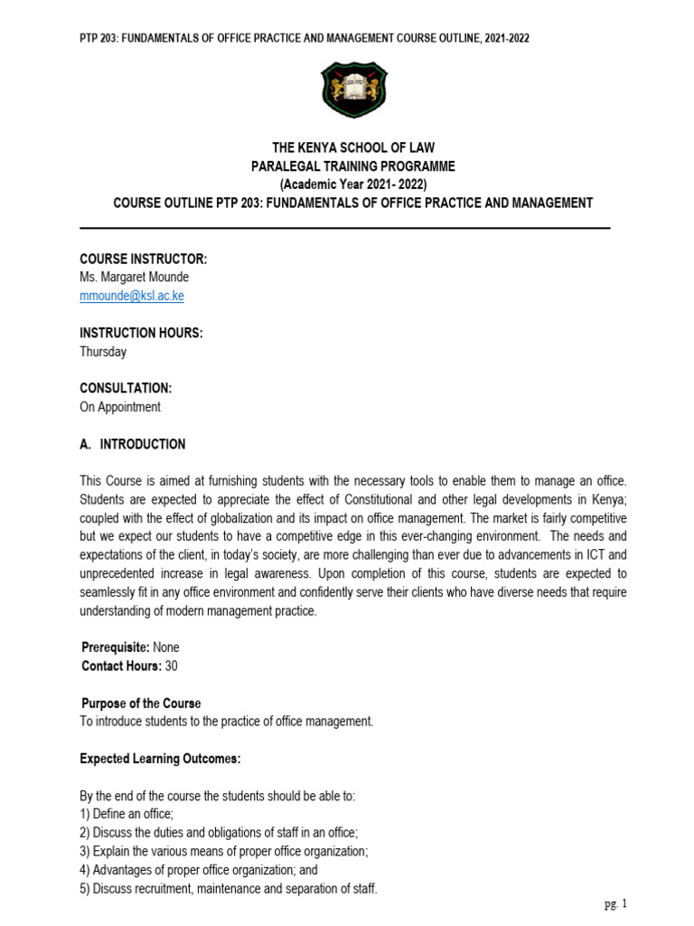 Course Outline - Fundamentals of Office Practice and Management | PDF ...