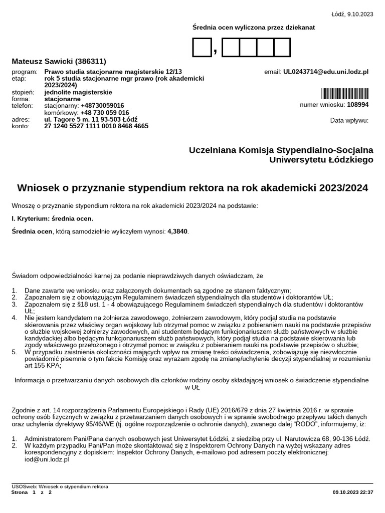 Wniosek o Stypendium Rektora 2023-10-09 | PDF