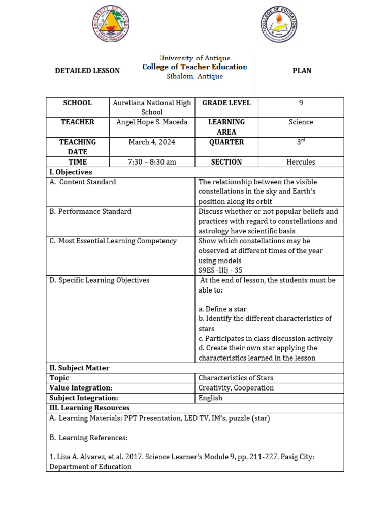Grade 9 Science Lesson on Stars | PDF | Apparent Magnitude | Stars