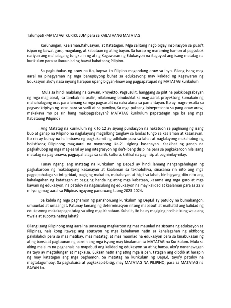 Talumpati No.1 Matatag Kurikulum | PDF