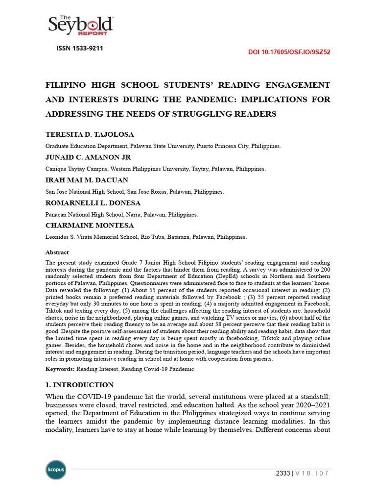 Filipino Students' Reading Engagement During Pandemic | PDF | Reading ...