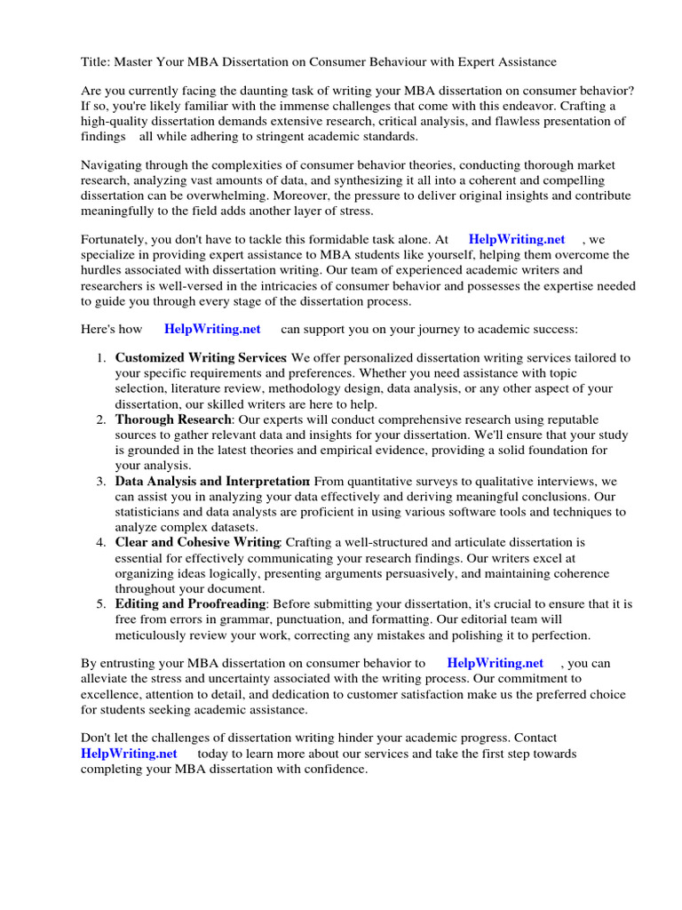 Mba Dissertation Consumer Behaviour | PDF | Behavior | Consumer Behaviour