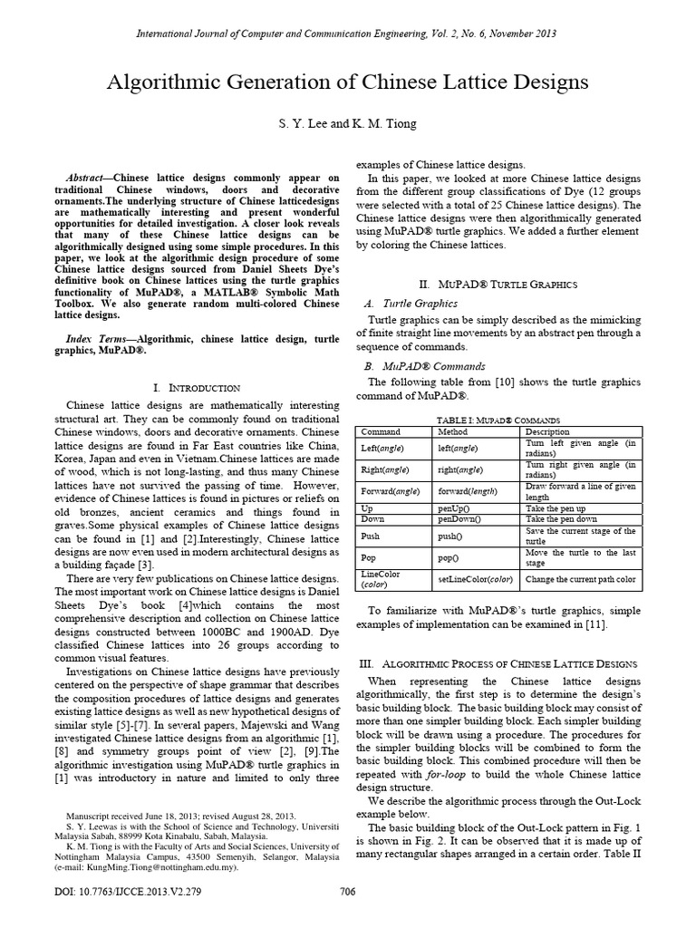 Algorithmic Generation of Chinese Lattice Designs: S. Y. Lee and K. M. Tiong | PDF
