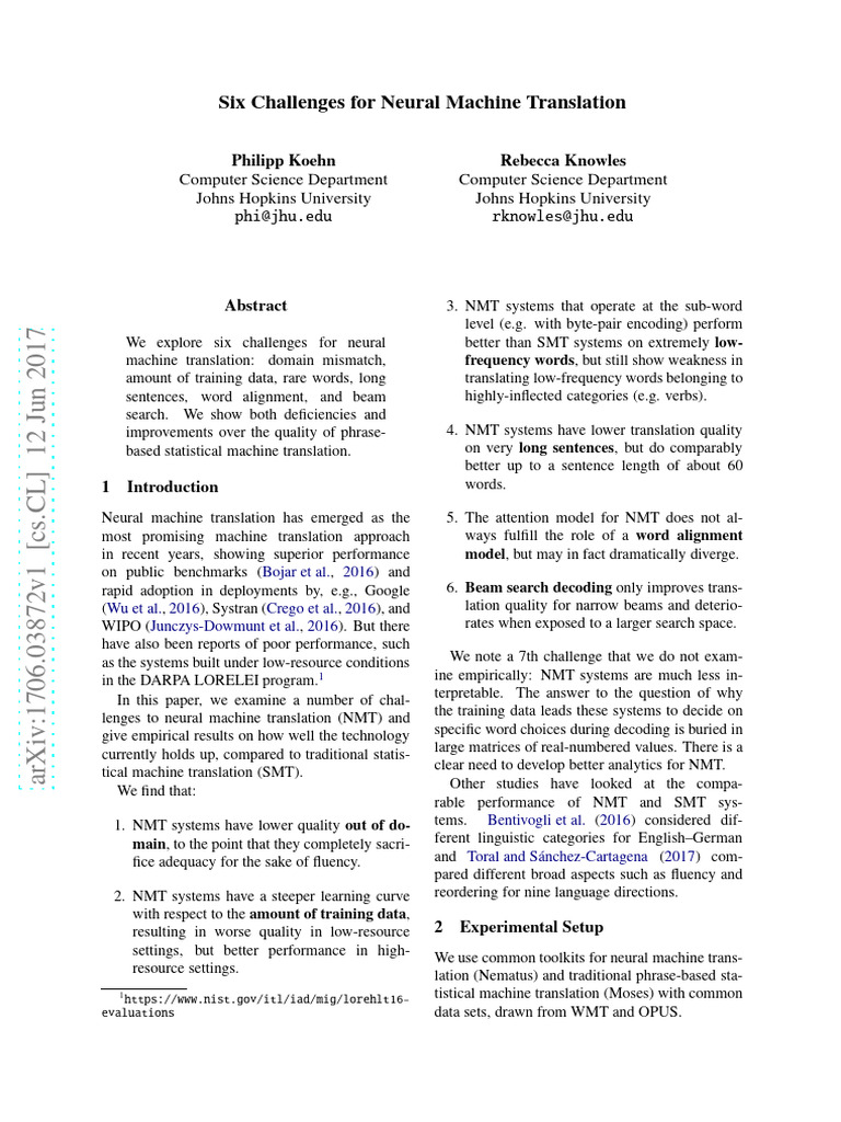 Challenges in NMT - 1706.03872 | PDF | Linguistics