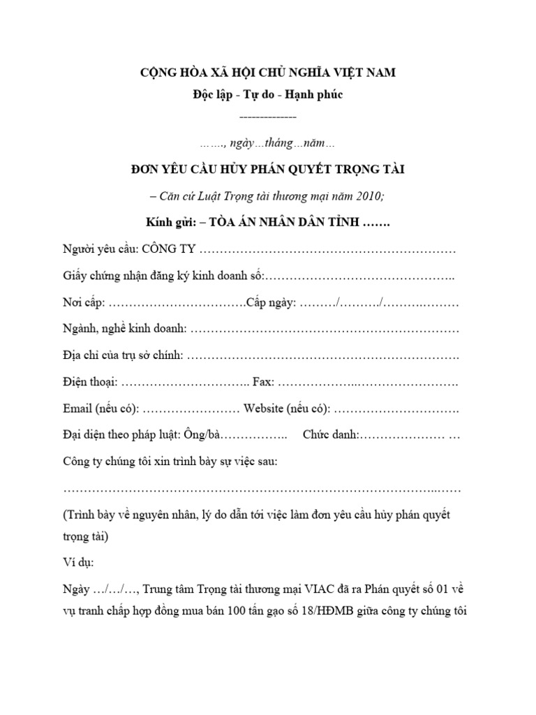 Mau Don Yeu Cau Huy Phan Quyet Trong Tai Moi Nhat | PDF