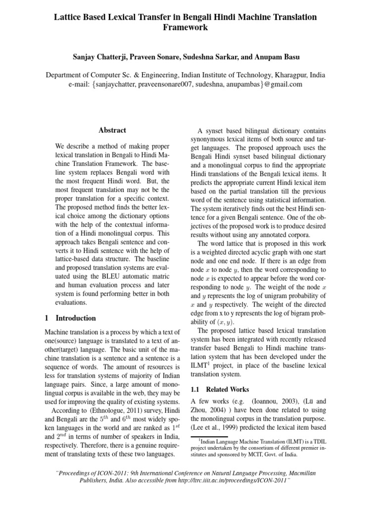 Lattice Based Lexical Transfer in Bengal | PDF | Part Of Speech | Translations