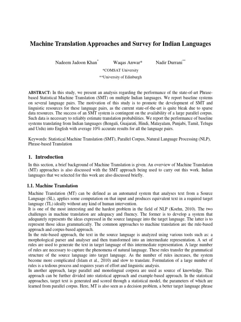 Machine Translation Approaches and Survey For Indian Languages | PDF ...