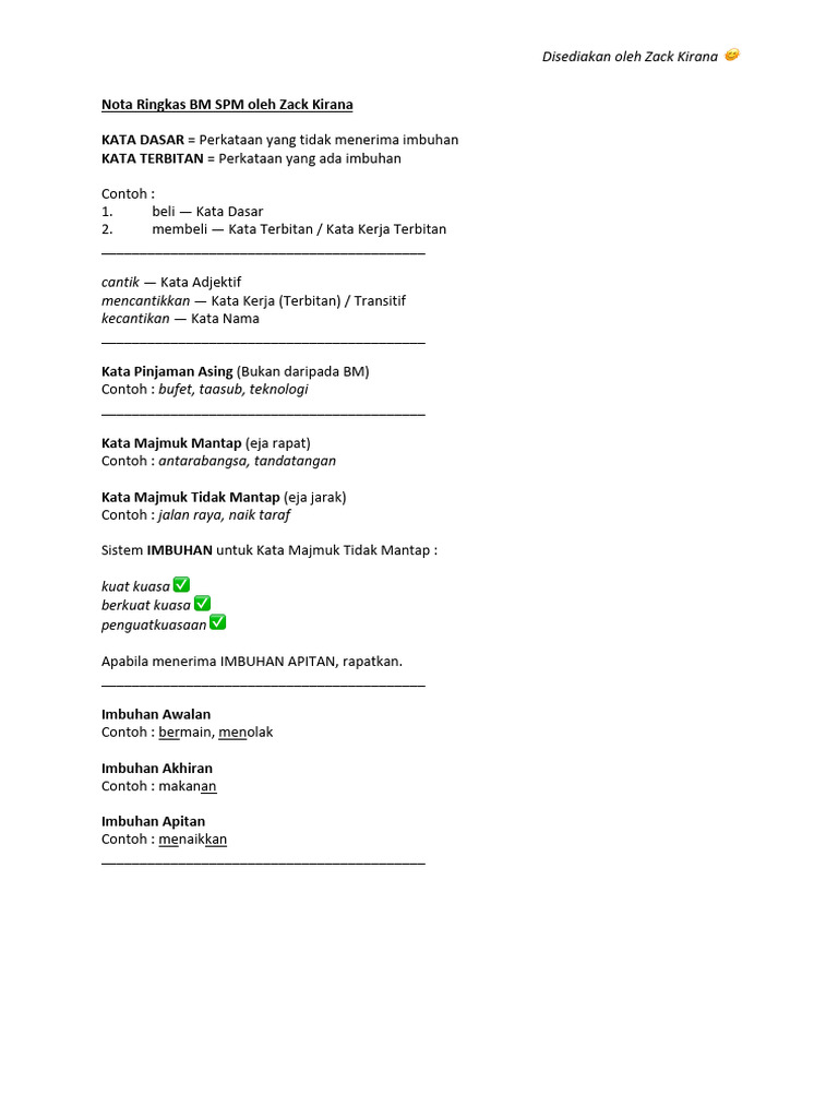 Nota Ringkas BM SPM - Imbuhan (Morfologi) | PDF