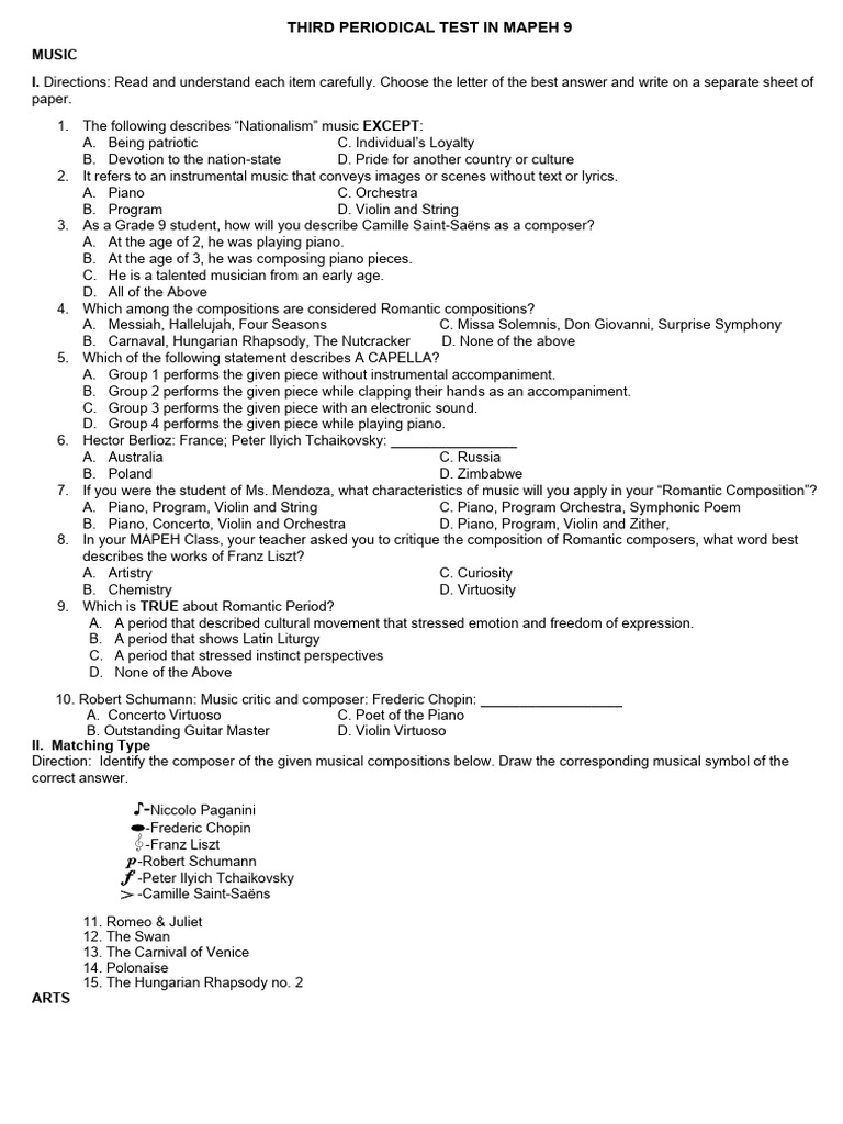 MAPEH 9 Third Periodical Test Guide | PDF | Romanticism | Orchestras