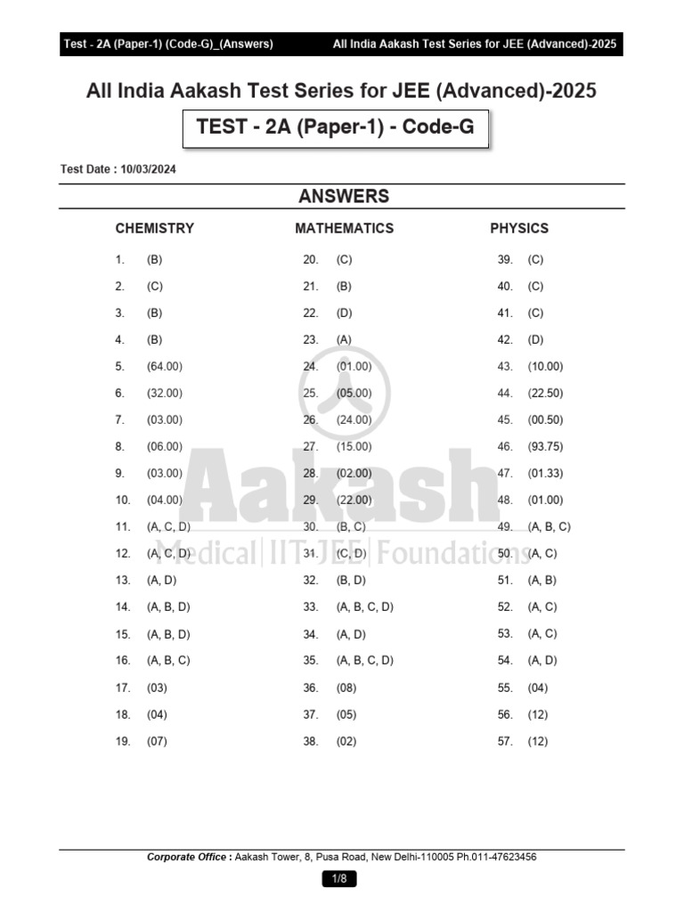 AIATS For First Step JEE (ADV) - Phase-3&4 - Test-2A - P1 - Code-G ...