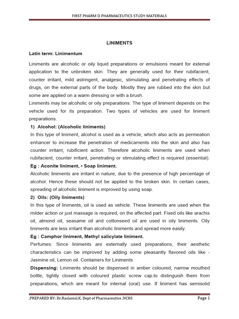 Liniments - 1 ST B Pharm and 1st Pharm D Notes | Download Free PDF ...