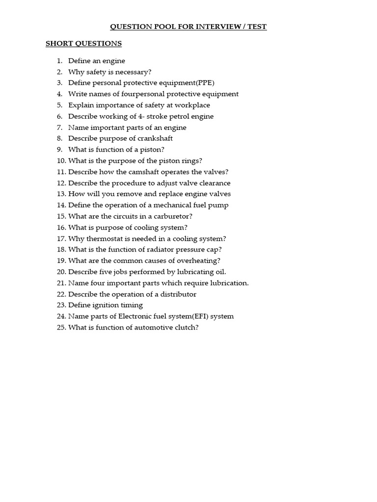 Questions Pool For Interview-Test Auto Mechanic Petrol | PDF