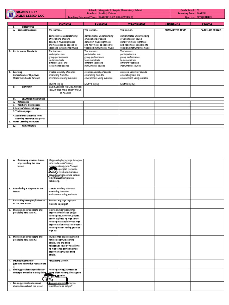 DLL - Mapeh 5 | PDF | Differentiated Instruction | Learning