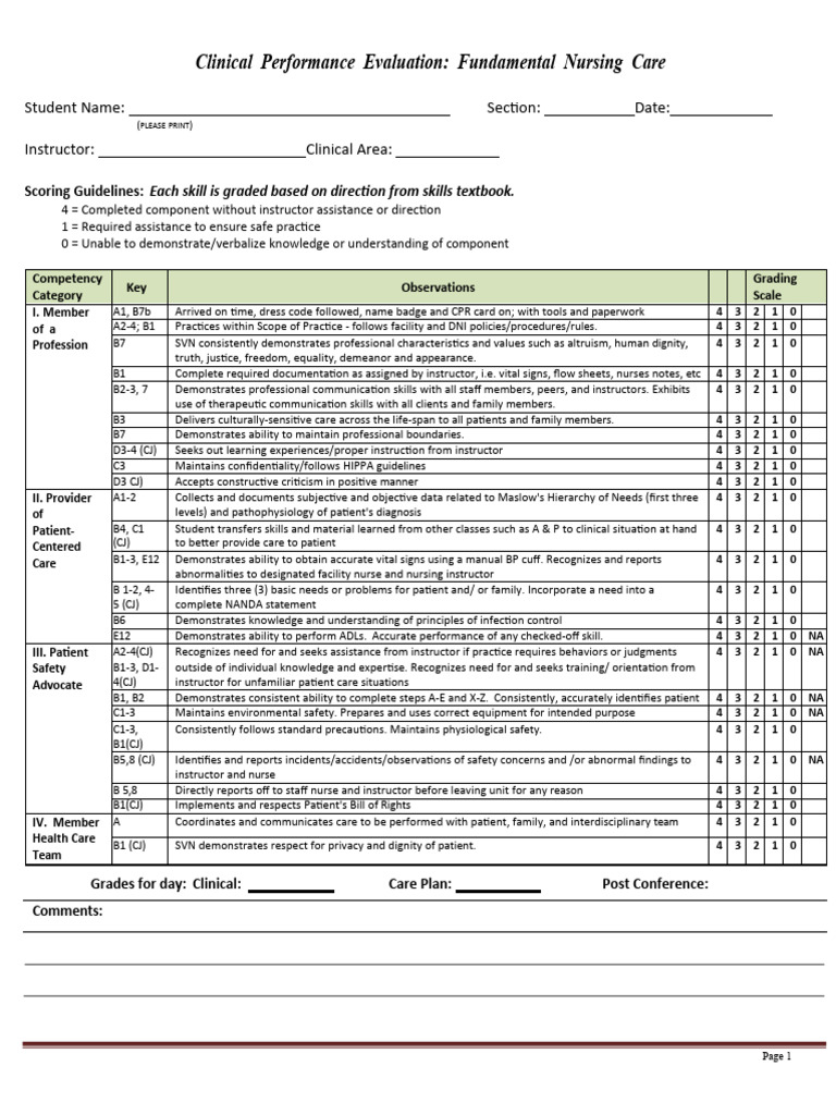 Clinical Performance Evaluation Guide | PDF | Nursing | Health Care