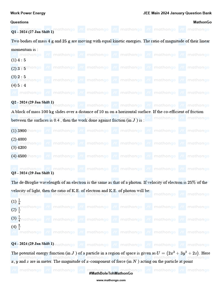 JEE Main 2024 Work Power Energy Q&A | PDF | Electron | Mass