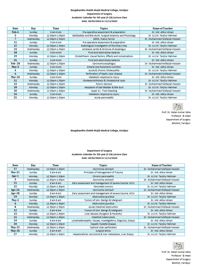 5th Year Surgery Academic Calendar | PDF | Gallbladder | Medical ...