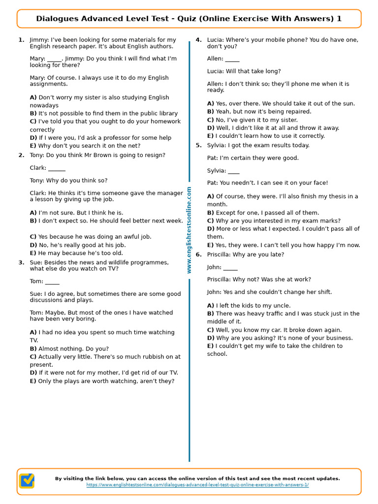 386 Dialogues Advanced Level Test Quiz Online Exercise With Answers 1 | PDF