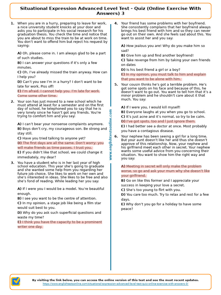 379 Situational Expression Advanced Level Test Quiz Online Exercise ...