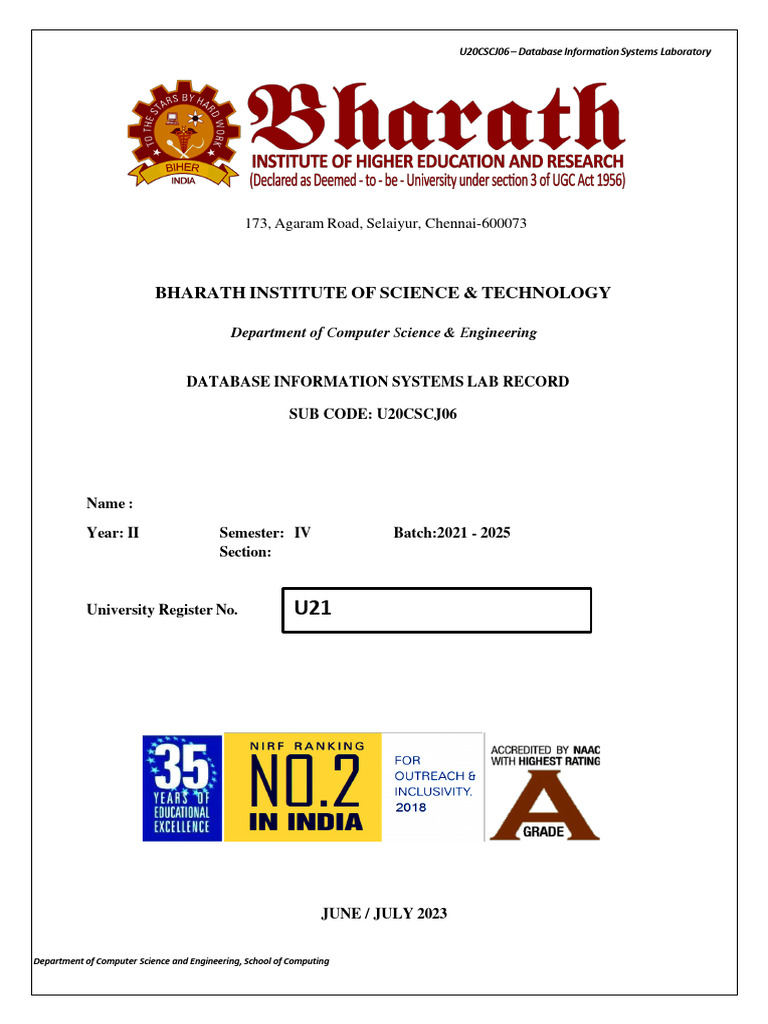 Database Information Systems Lab Record | PDF | Data Model | Computer Data