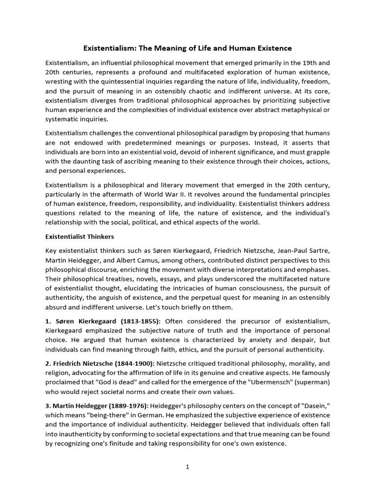 Existentialism - The Meaning of Human Existence | PDF | Existentialism | Authenticity (Philosophy)