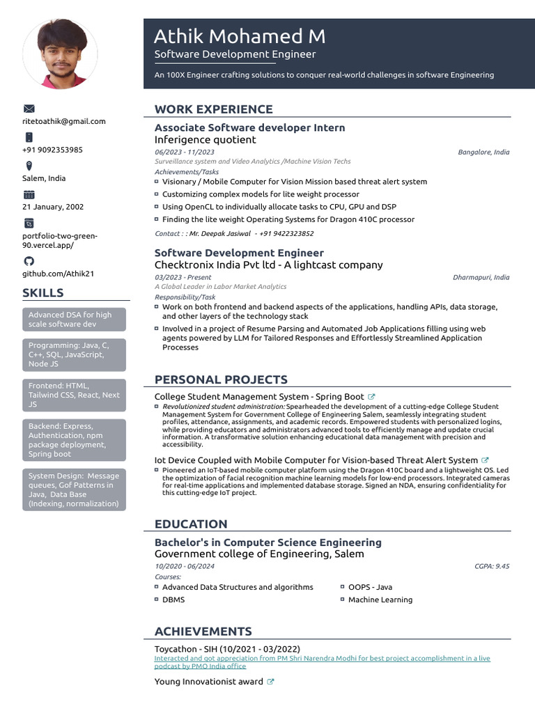 Athik Mohamed GCE Salem SDE Resume 2024 | PDF | Databases | Internet Of Things