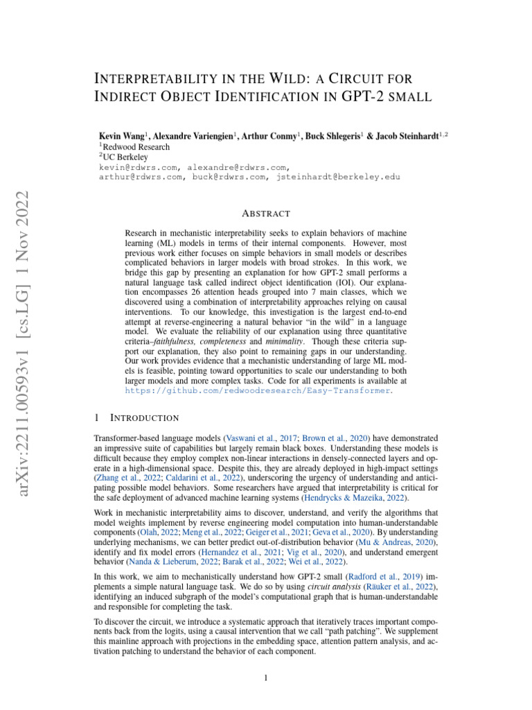 Interpretability in the Wild a Circuit for Indirect Object Identification in GPT-2 Small | PDF