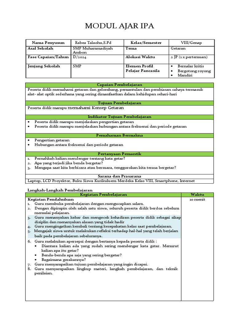 Modul Ajar IPA: Konsep Getaran | PDF