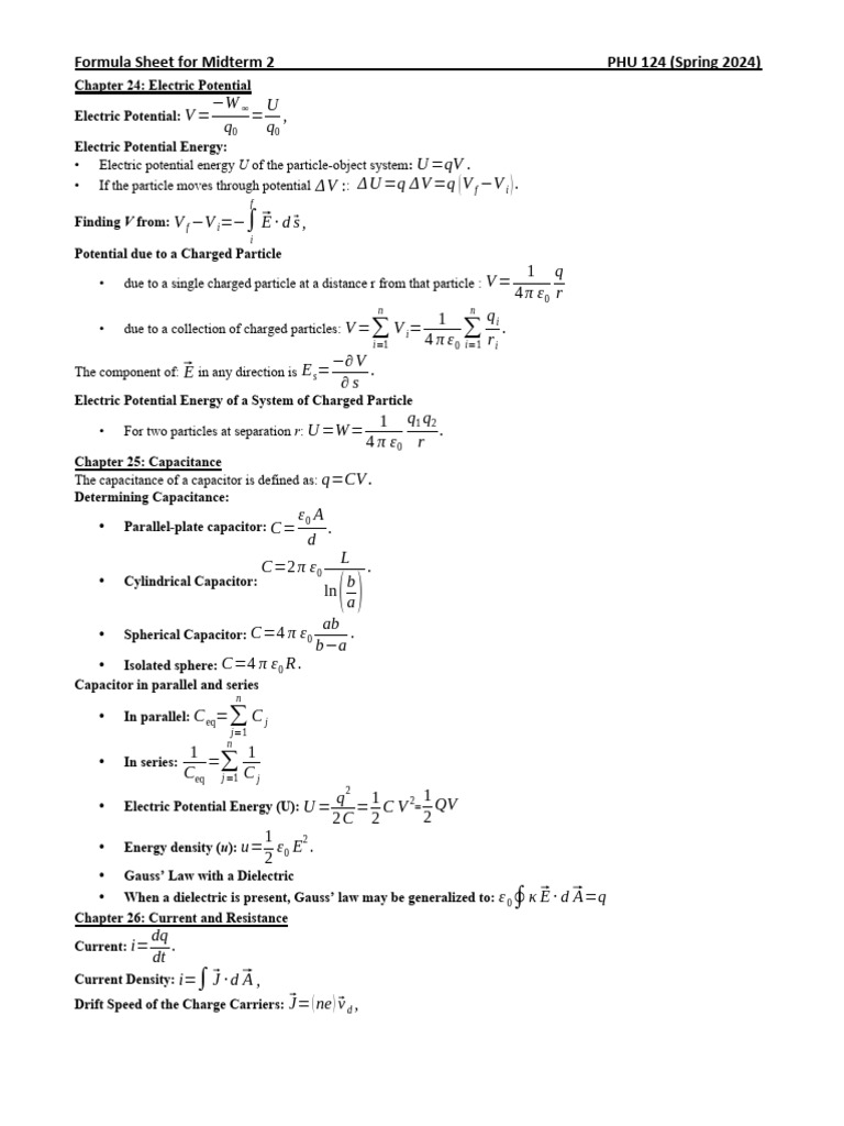 formulas_sheet_MD2_124 | PDF | Capacitance | Electrical Resistivity And Conductivity