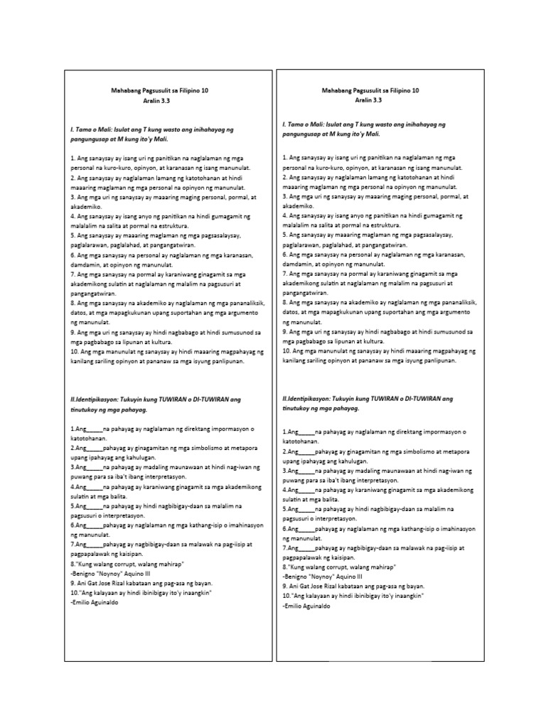 Pagsusulit Sa Filipino 10 Aralin 3.3 | PDF