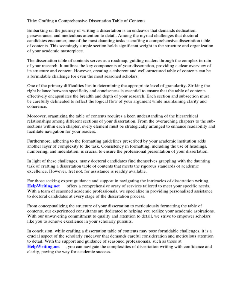 Sample Dissertation Table Of Contents Pdf Thesis Academic Publishing