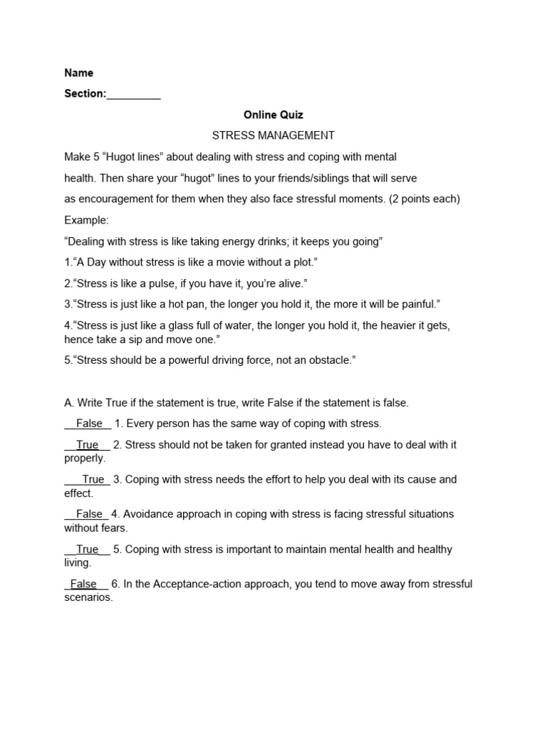 Stress Management Quiz and Coping Tips | PDF | Stress (Biology ...