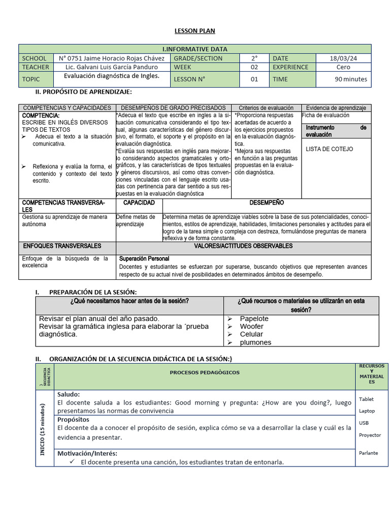 Plan de Clase: Evaluación Diagnóstica Inglés | PDF | Evaluación ...