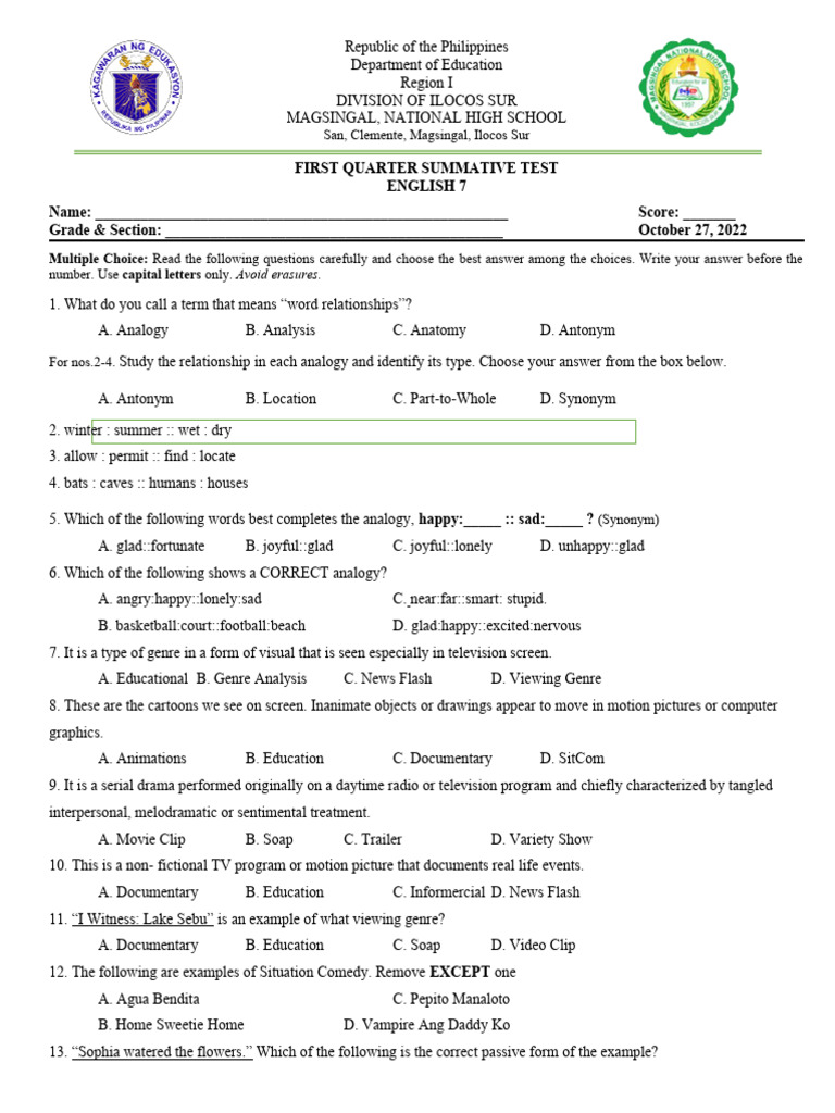 checked-Q1-Summative FINAL | PDF | Verb | Grammatical Tense
