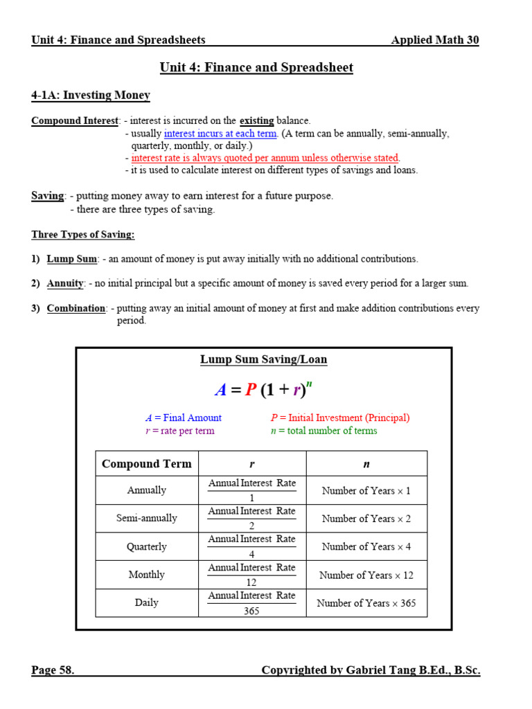 Finance - Spreadsheet Notes (Answers) | PDF | Present Value | Interest