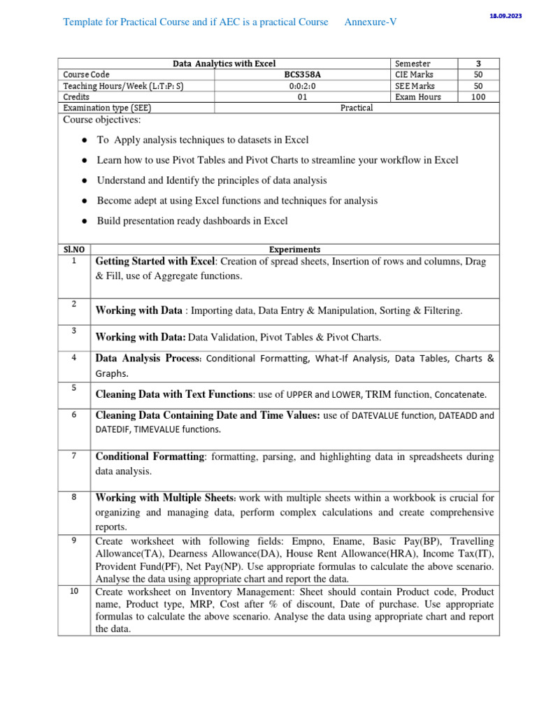 DAE Lab Manual | PDF | Microsoft Excel | Spreadsheet