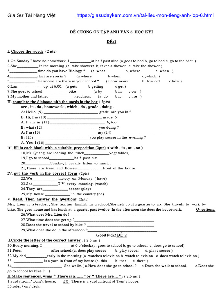 De Cuong On Tap Tieng Anh Lop 6 Hoc Ki 1 de Cuong On Tap Anh Van Lop 6 hk1 | PDF | Languages ...