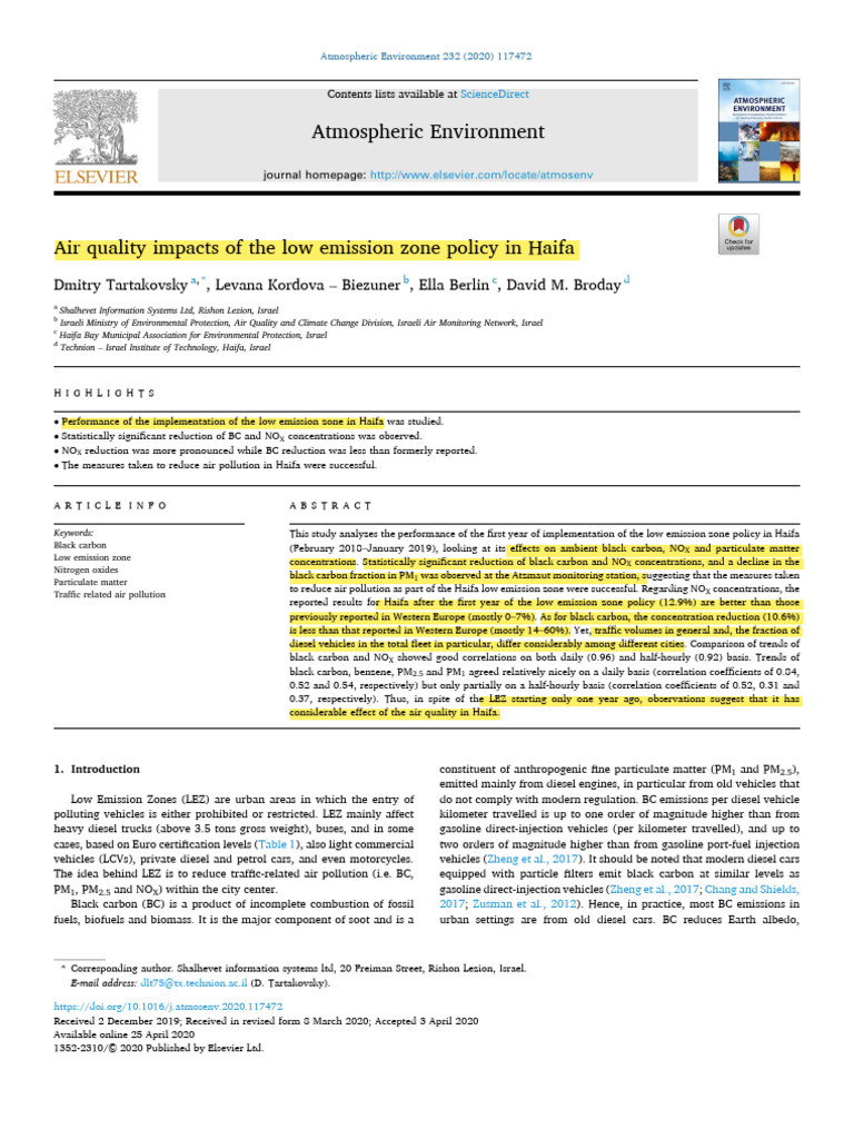 Air Quality Impacts of The Low Emission Zone Policy in Haifa | PDF ...
