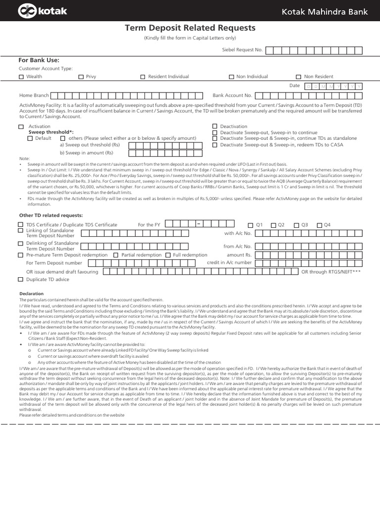 Kotak Mahindra Term Deposit Requests | PDF | Money | Personal Finance