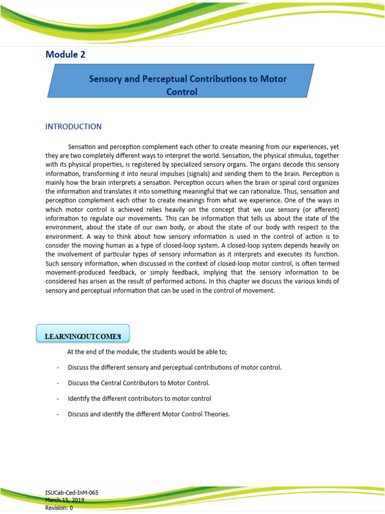 Module 2 PRINCIPLES OF MOTOR CONTROL AND LEARNING - 122636 | PDF | Vertebral Column | Perception