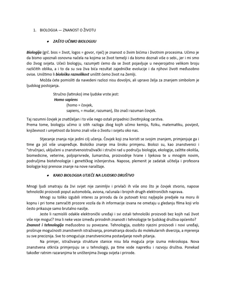 Biologija - Lekcija 1 - Znanost o Životu | PDF
