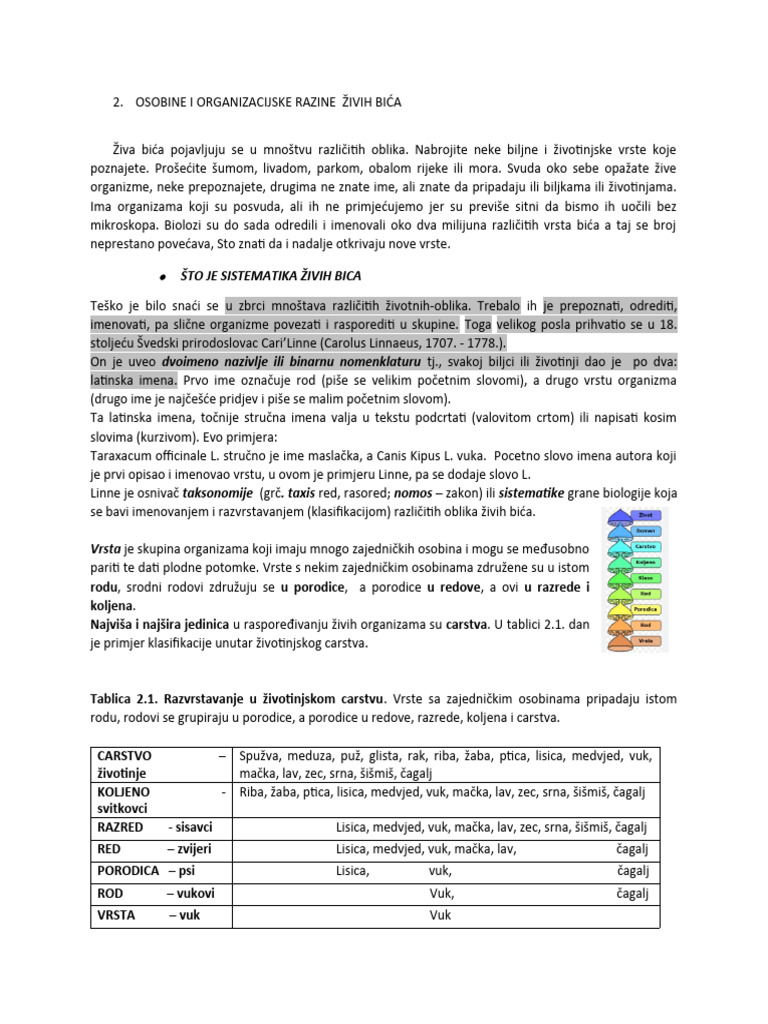 Biologija - Lekcija 2 - Osobine I Organizacijske Razine Živih Bića | PDF