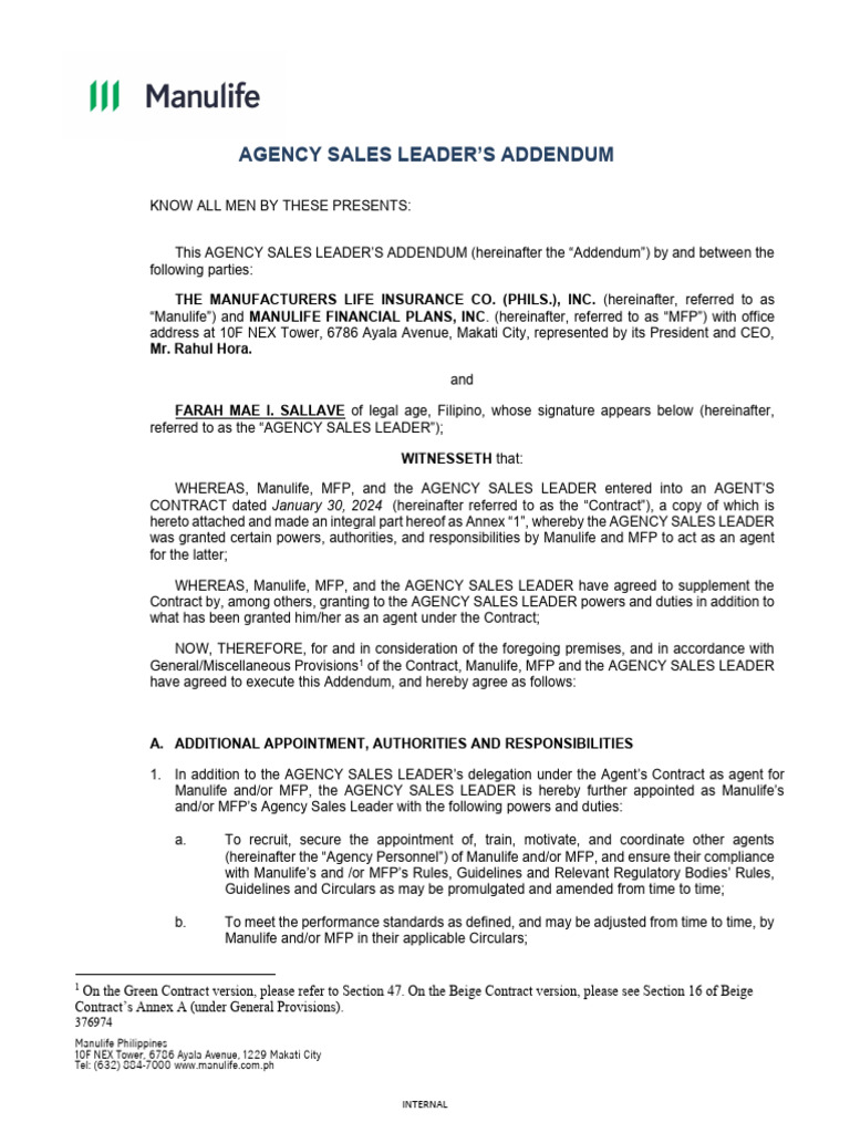 Agency Sales Leader'S Addendum | PDF | Legal Liability | Contractual Term