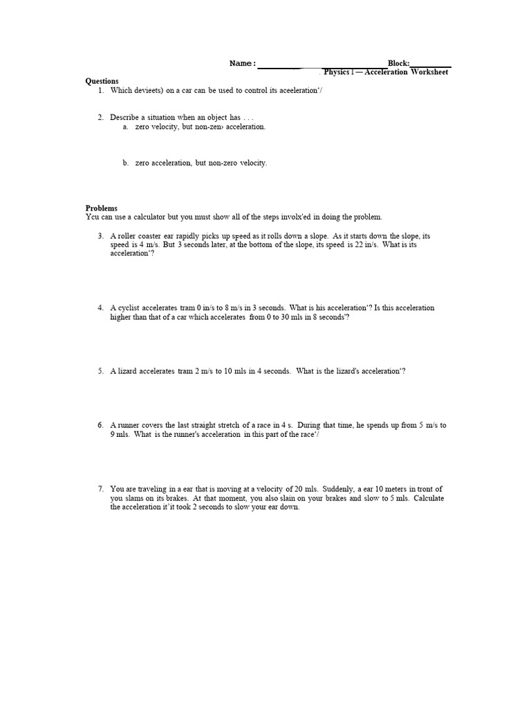 IB MYP Physics Acceleration Worksheet | PDF | Acceleration | Speed