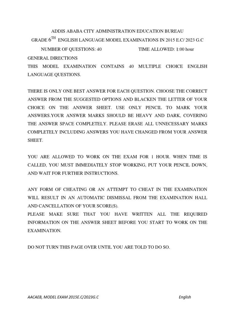 Addis Ababa City English G6 Model 1 | PDF | Sowing | Adjective