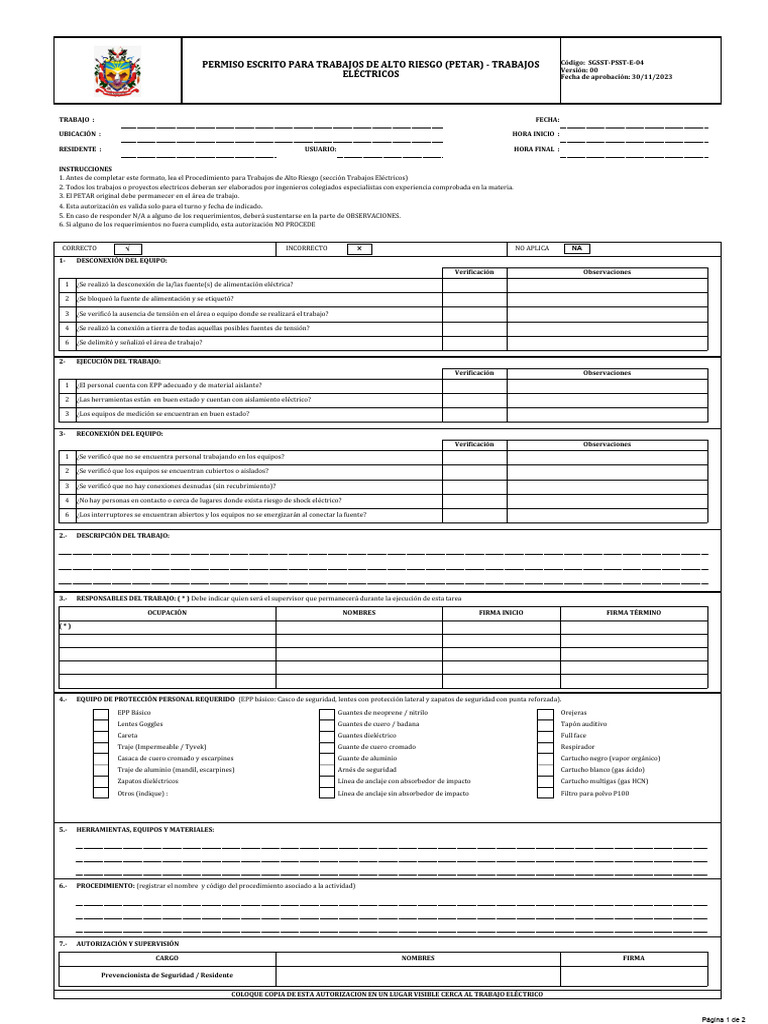 SGSST-PSST-E-04 - PETAR - Trabajos Eléctricos - Registro | PDF SGSST-PSST-E-04 - PETAR - Trabajos Eléctricos - Registro | PDF