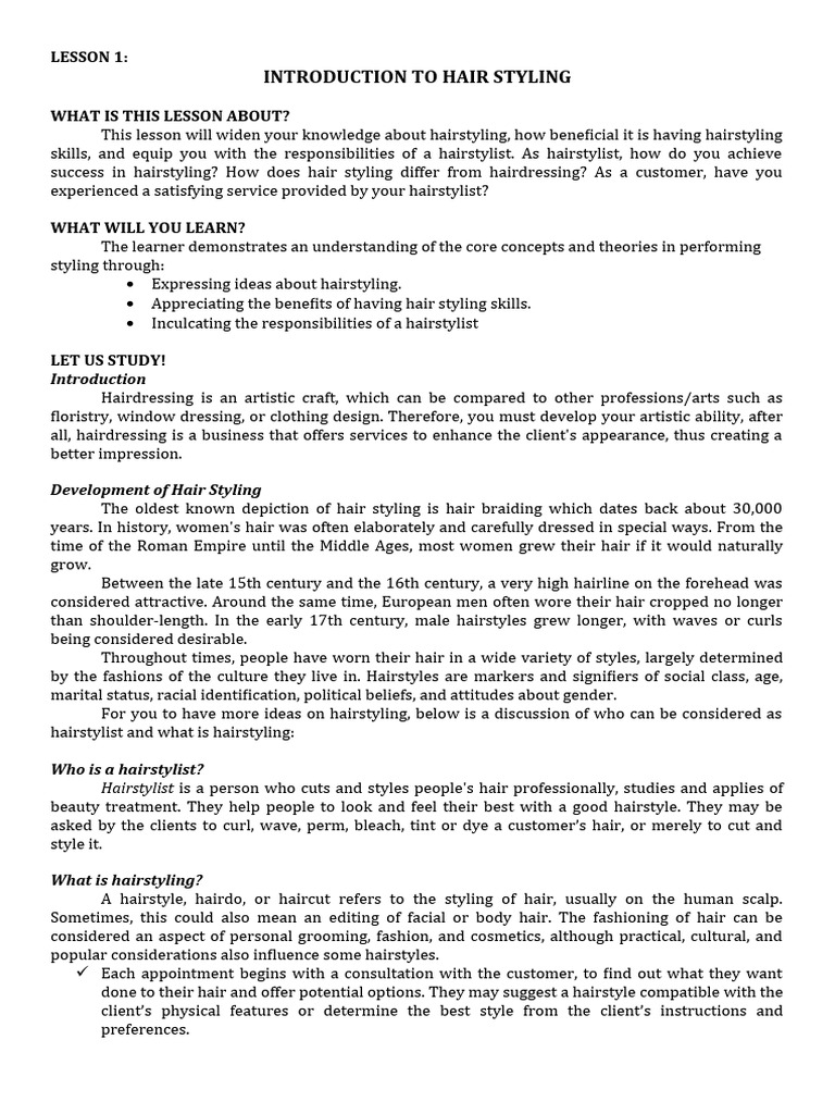 Introduction to Hairstyling Skills | PDF | Hairstyle | Hairdresser