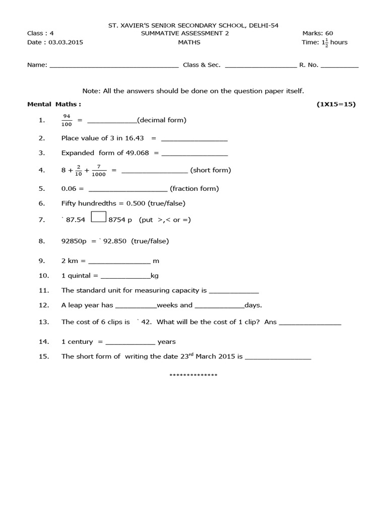 ICSE Class 4 Annual Exam Model Question Paper 2 - MATHS | PDF ...